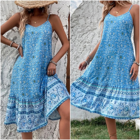 Dresses | Boho Cerulean Blue Floral Print Midi Dress | Poshmark